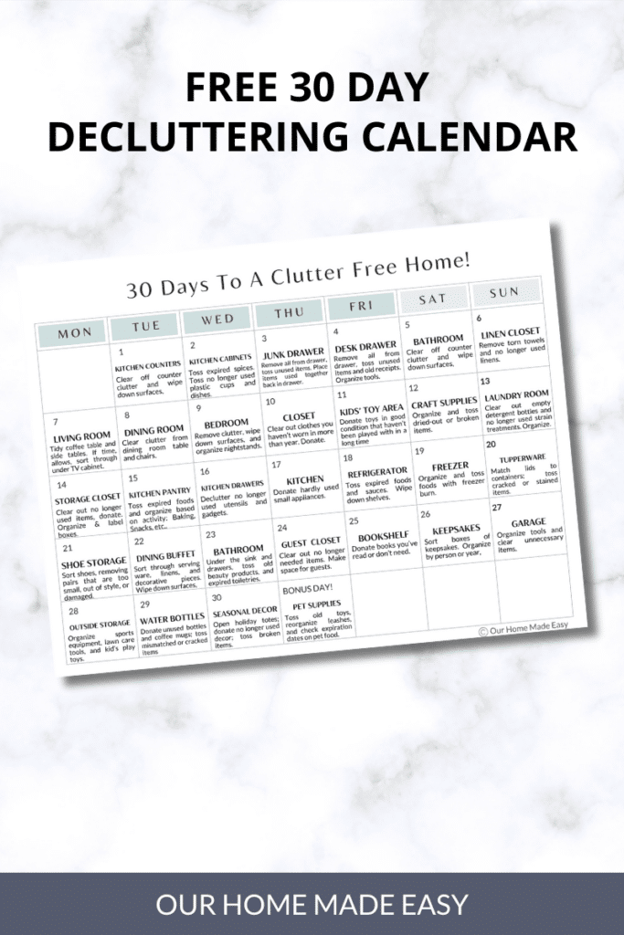 Start Today Printable 30 Day Declutter Challenge Calendar – Our Home Made Easy